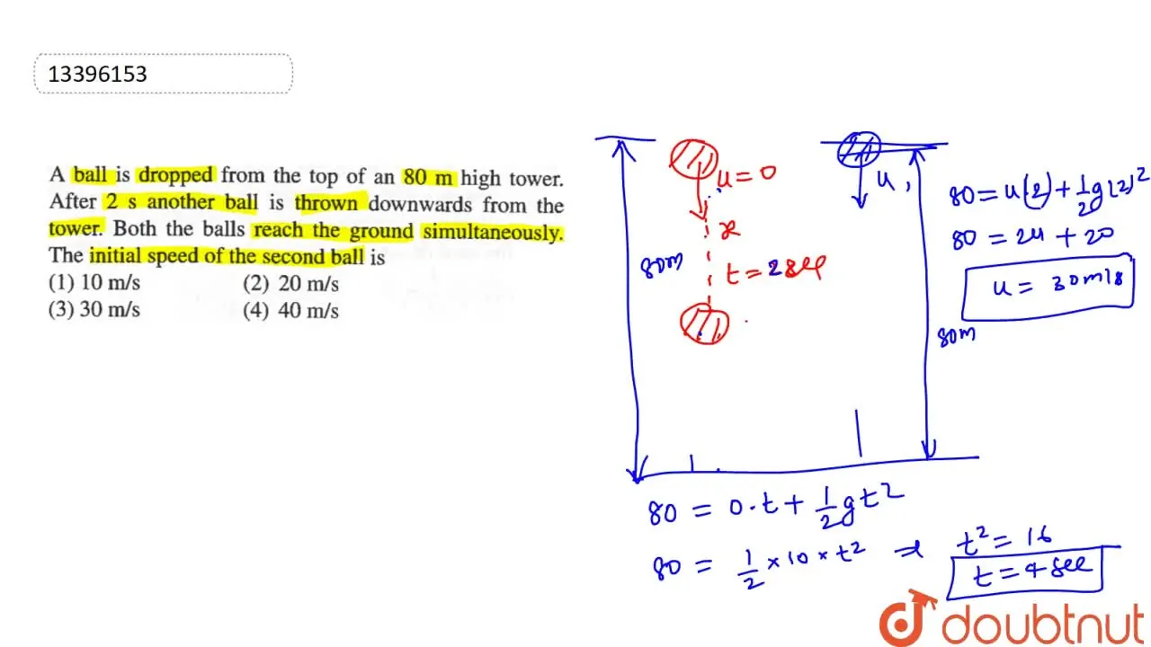 A ball is dropped from the top of an 80 m high tower After 2 s another