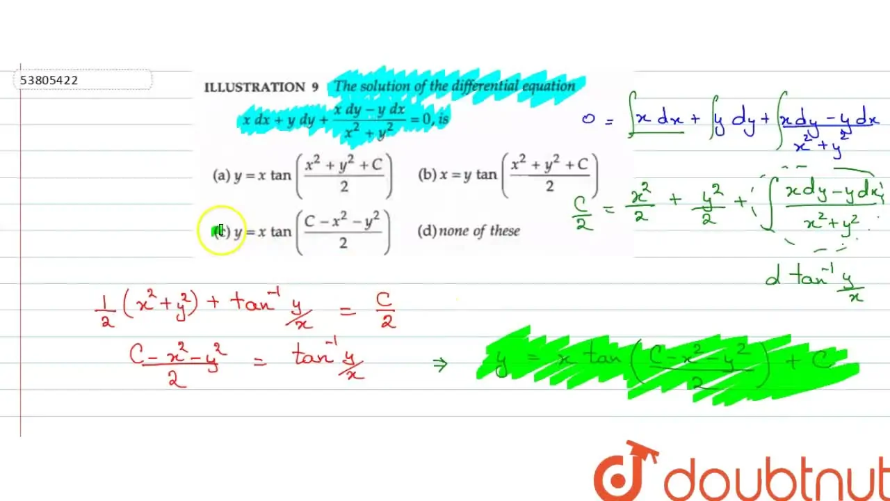 The solution of the differential equation xdx+ydy+(xdy-ydx)/(x^(2)+y^(