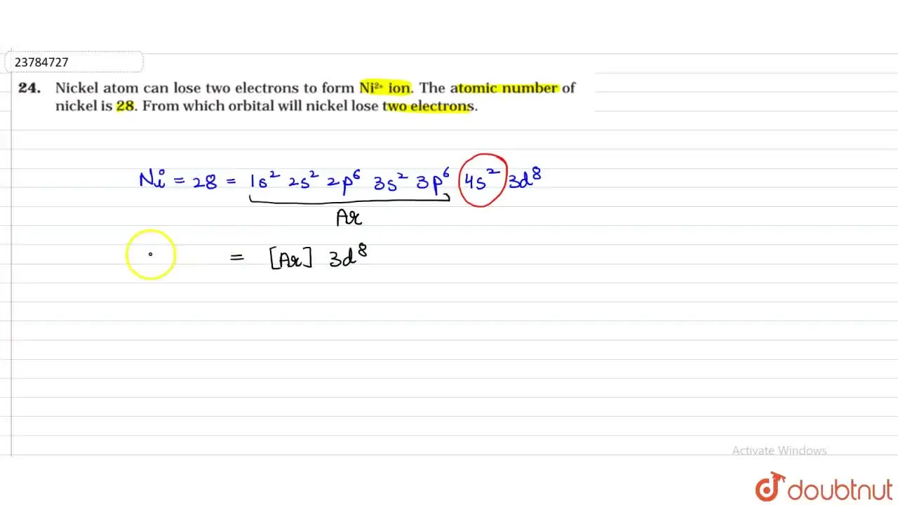 Nickel atom can lose two electrons to form Ni^(2+) ion. The atomic num