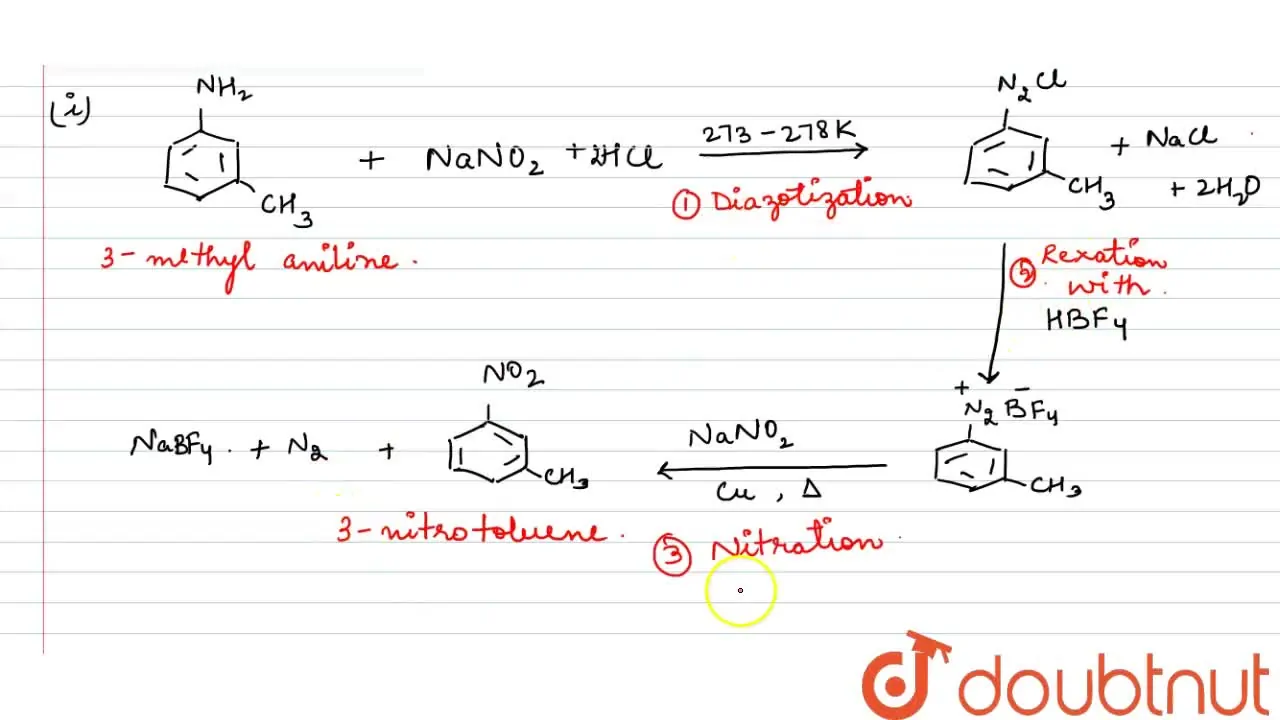 Convert (i) 3-Methylaniline into 3-nitrotoluene. (ii) Aniline into