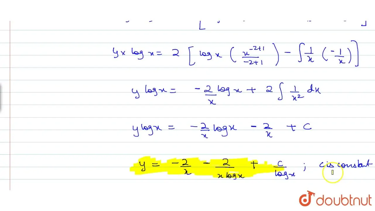 Solve: (xlogx)(dy)/(dx)+y=2/xlogx