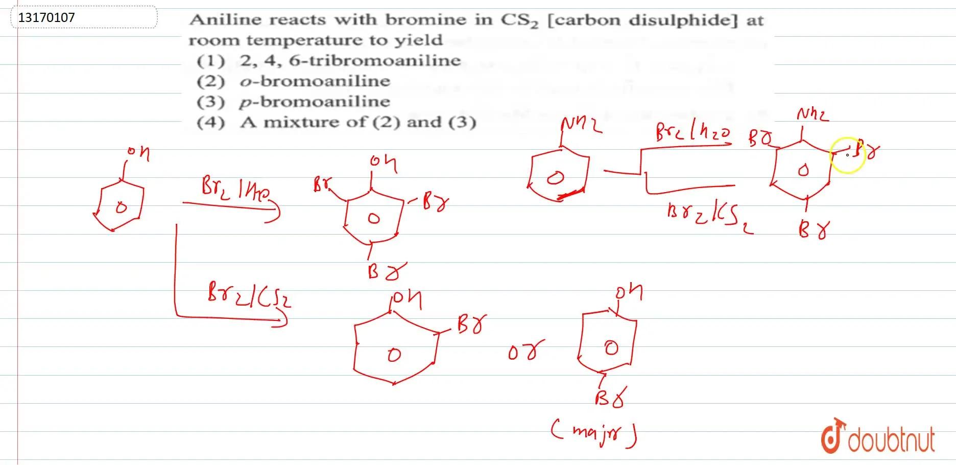 Aniline reacts with bromine in CS(2) [carbon disulphide] at room tempe