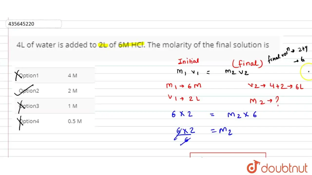 4L of water is added to 2L of 6M HCl. The molarity of the final soluti