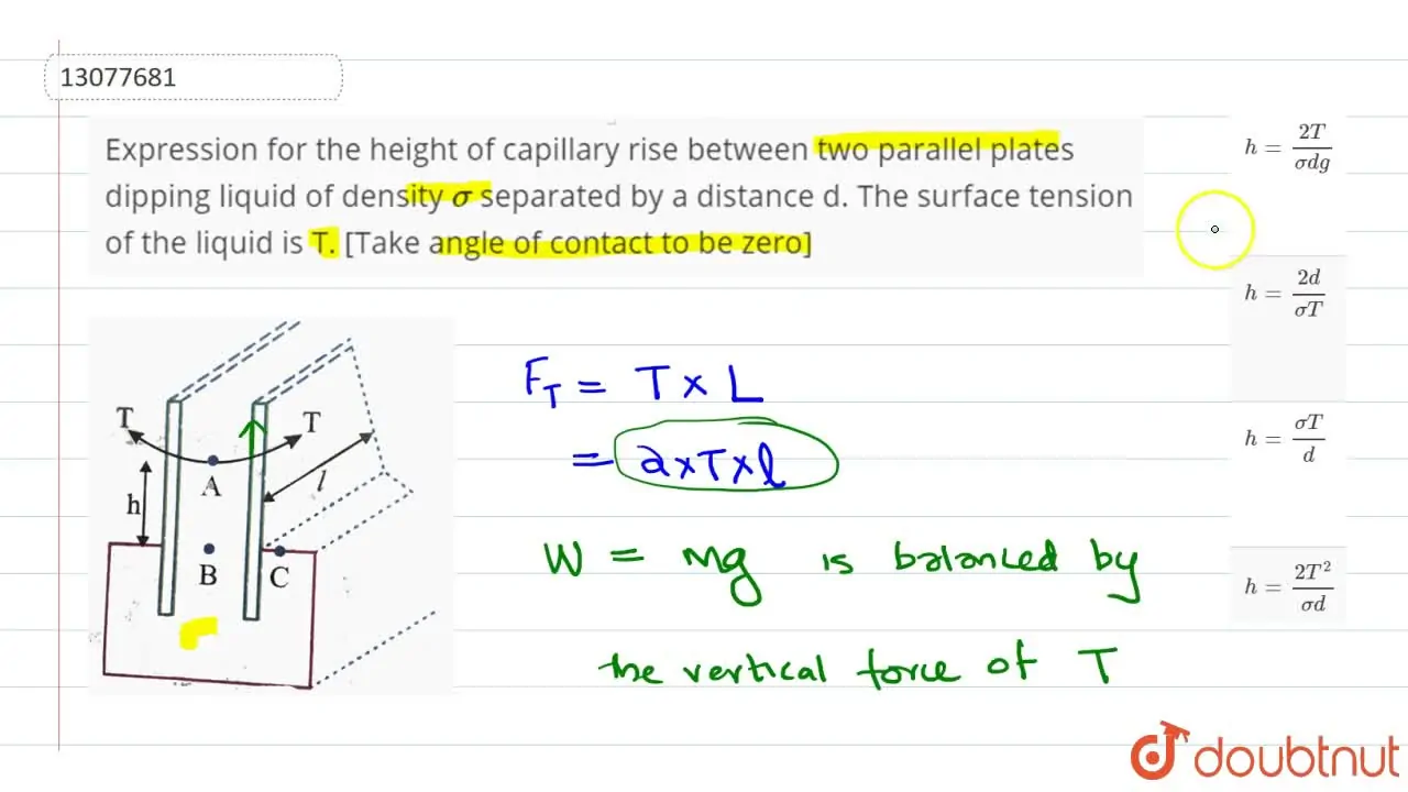 Expression for the height of capillary rise between two parallel plate
