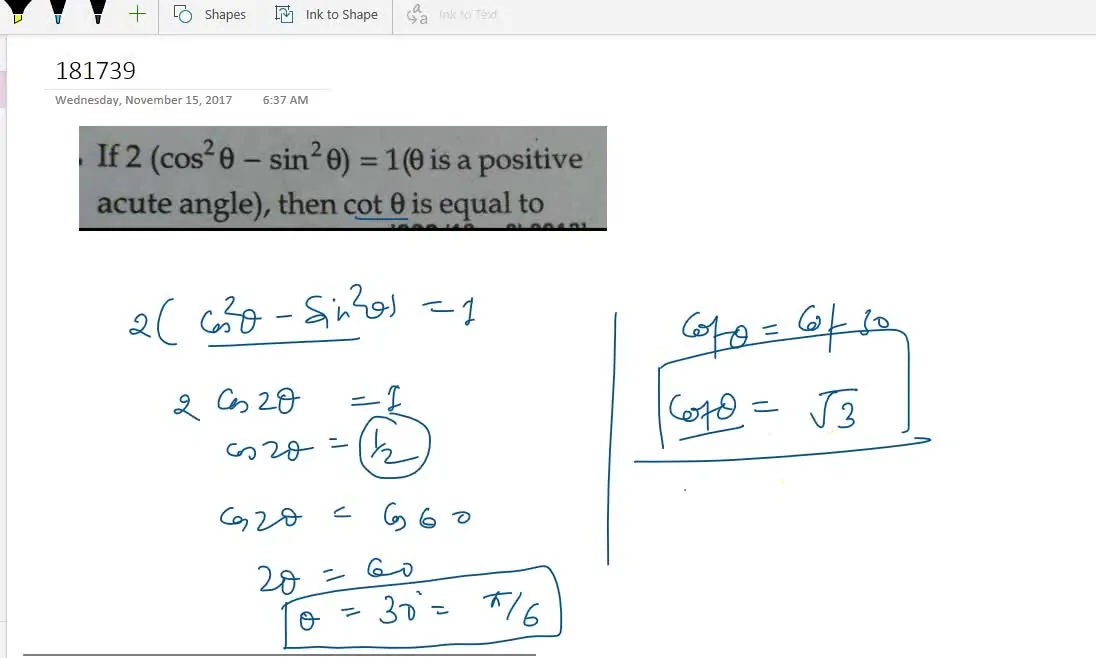 2(cos^2theta-sin^2theta)=1 ( theta is a positive acute angle), then