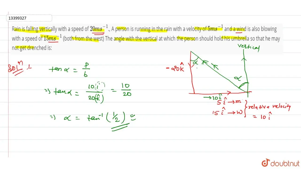 Rain is falling vertically with a speed of 20ms^(-1)., A person is run