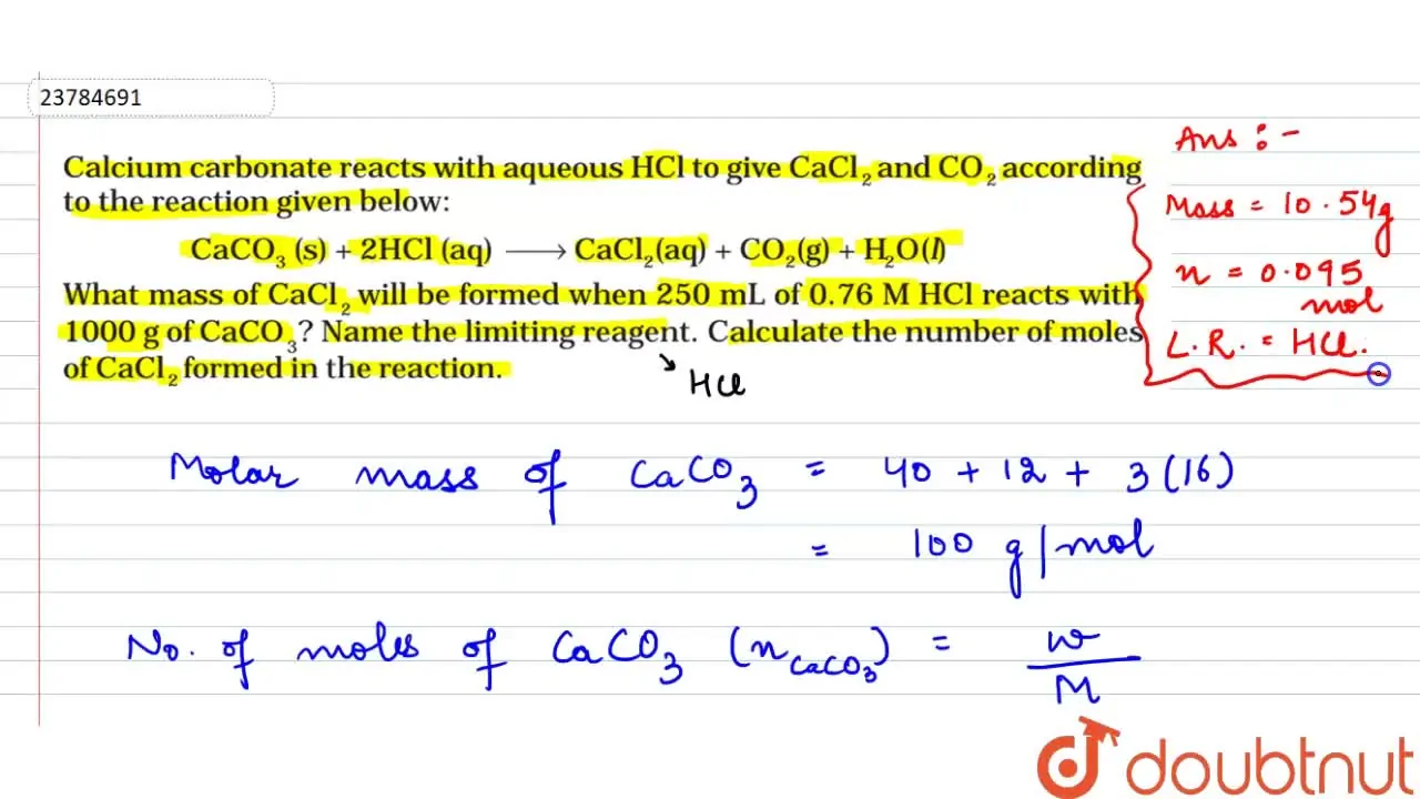 Calcium carbonate reacts with aqueous HCl to give CaCl(2) and CO(2) a
