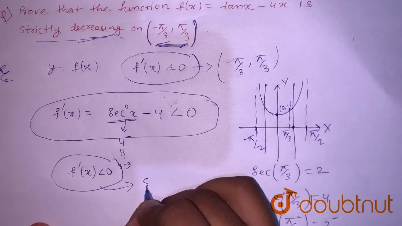 Prove that the function f(x)=tanx-4x is strictly decreasing on (-pi//3