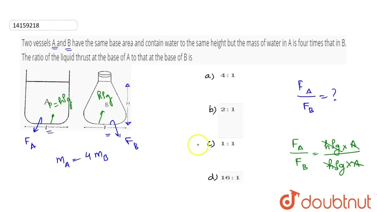 Two vessels A and B have the same base area and contain water to the s