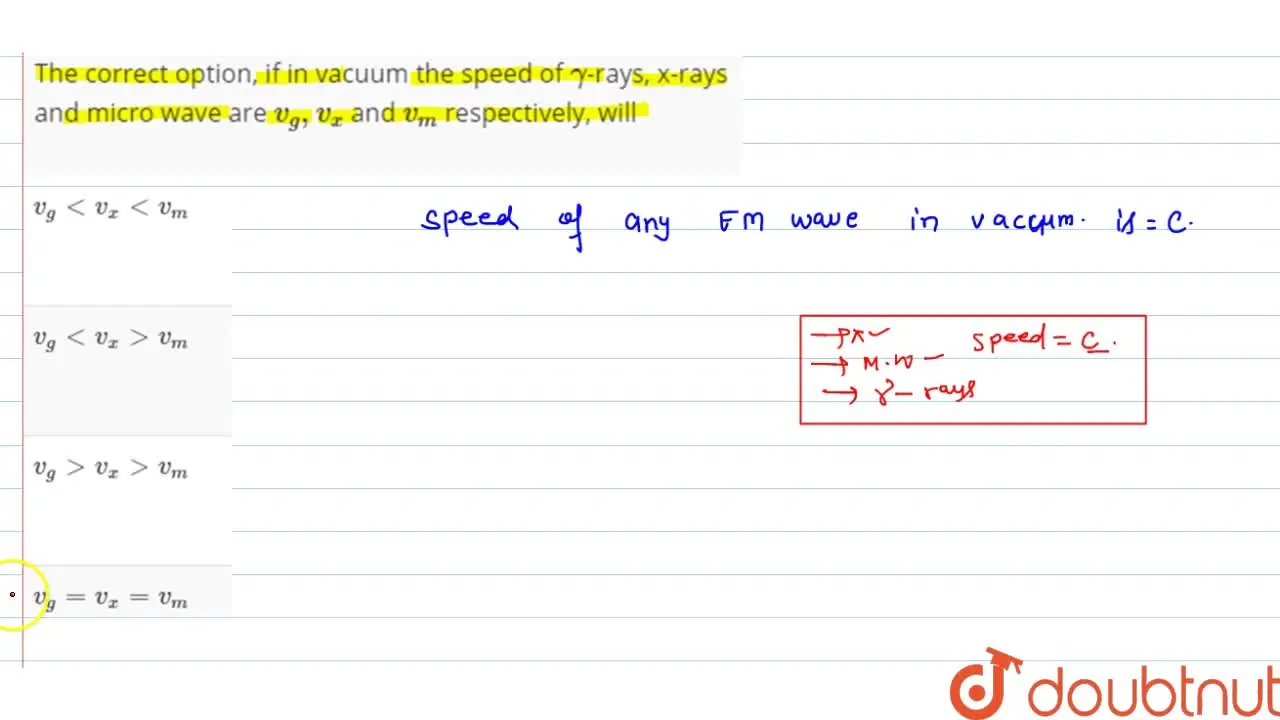 The correct option, if in vacuum the speed of gamma-rays, x-rays and m