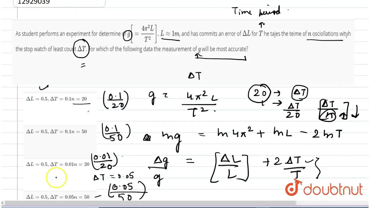 As student performs an experiment for determine of g[=(4pi^(2)L)/(T^