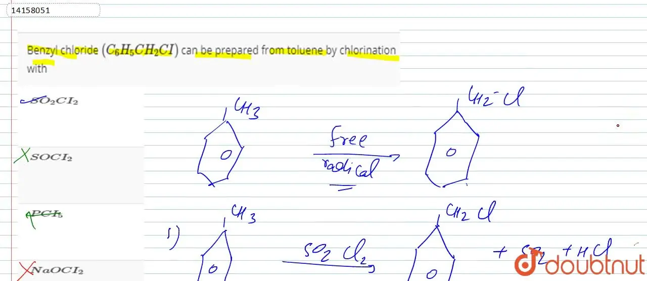 Benzyl chloride (C(6)H(5)CH(2)CI) can be prepared from toluene by chlo