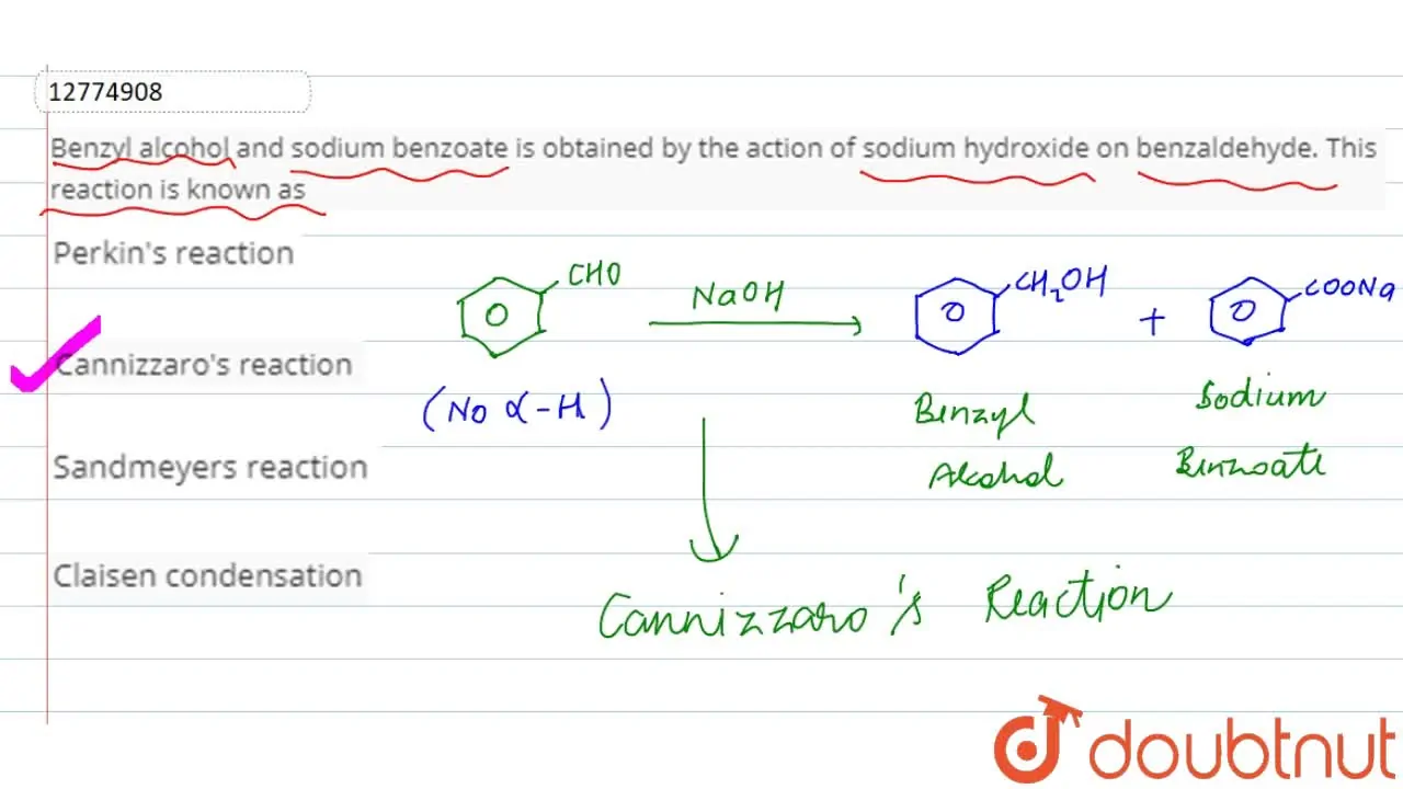 Benzyl alcohol and sodium benzoate is obtained by the action of sodium