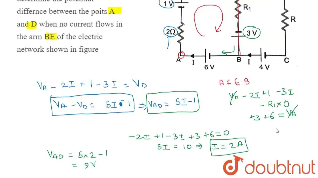 Use Kirchhoff's rules to determine the potential differnce between the