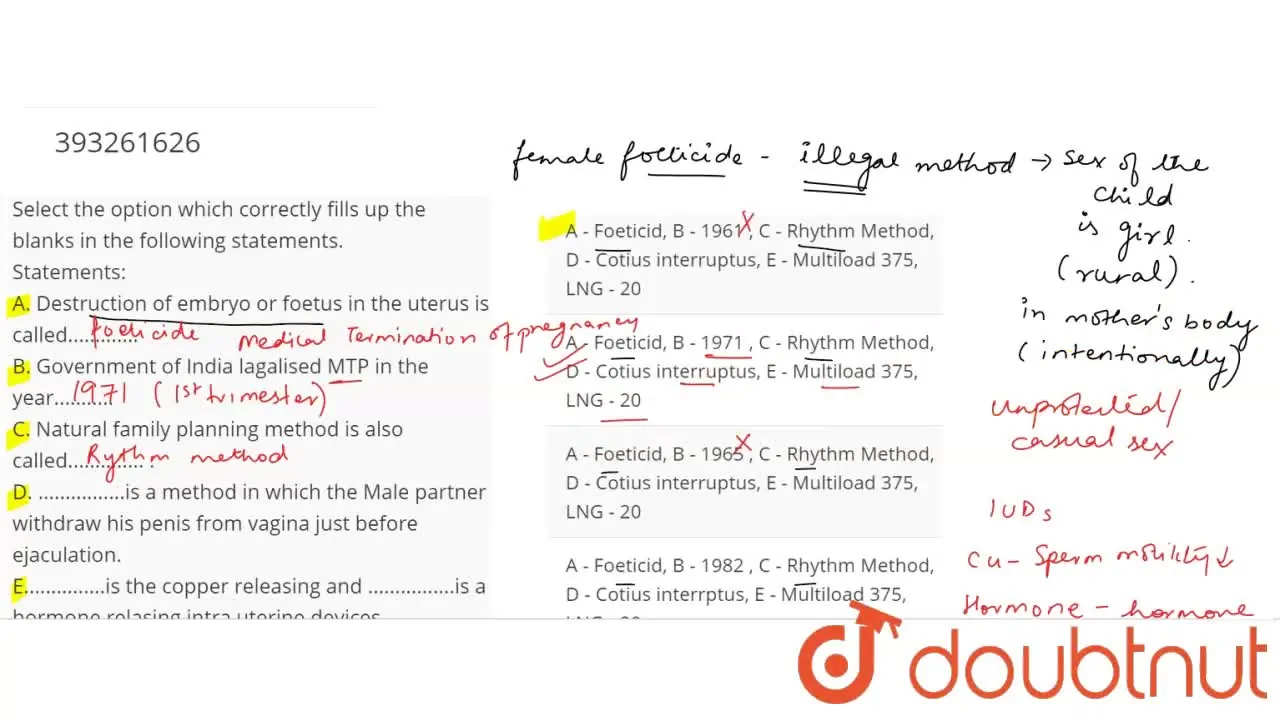 A - Foeticid, B - 1965 , C - Rhythm Method, D - Cotius interruptus, E