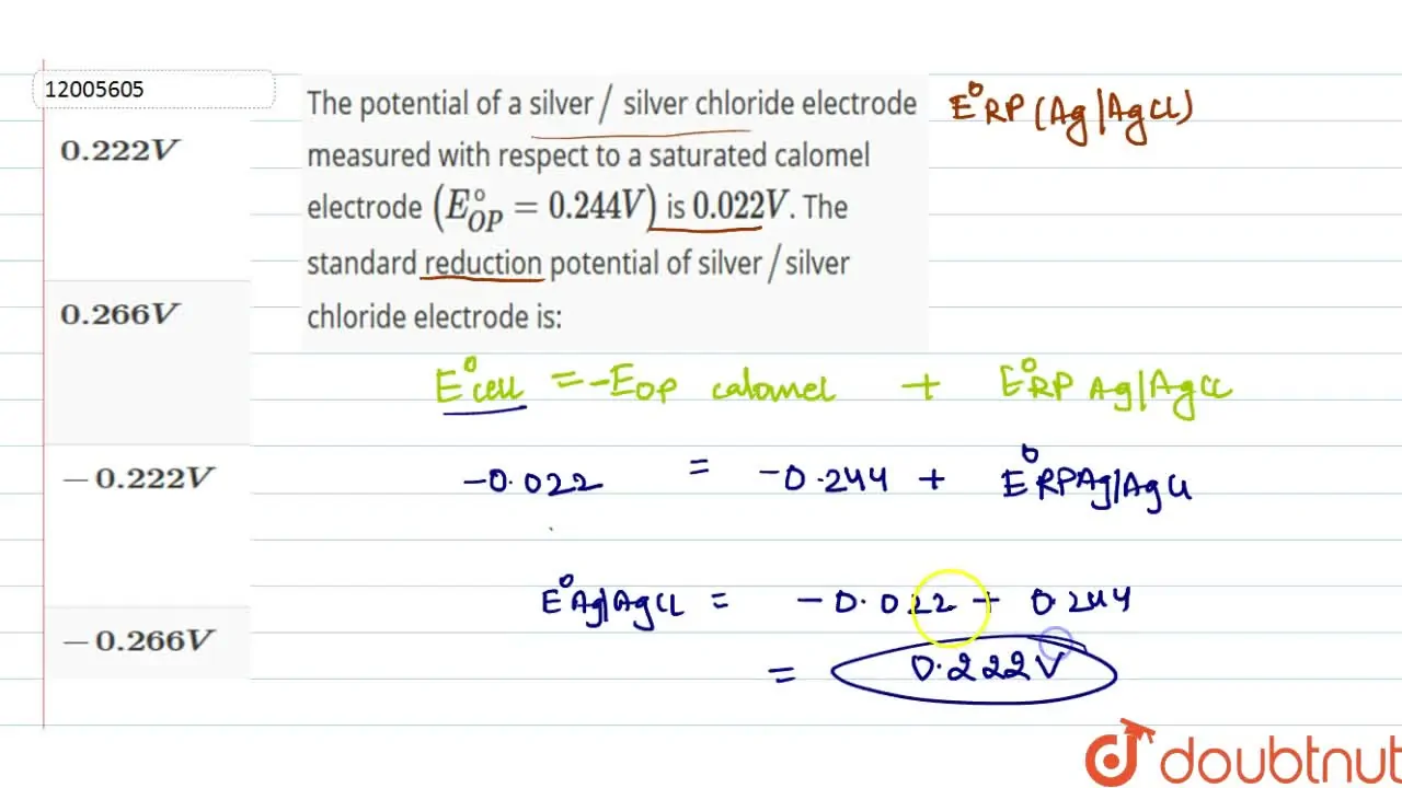 The potential of a silver// silver chloride electrode measured with re