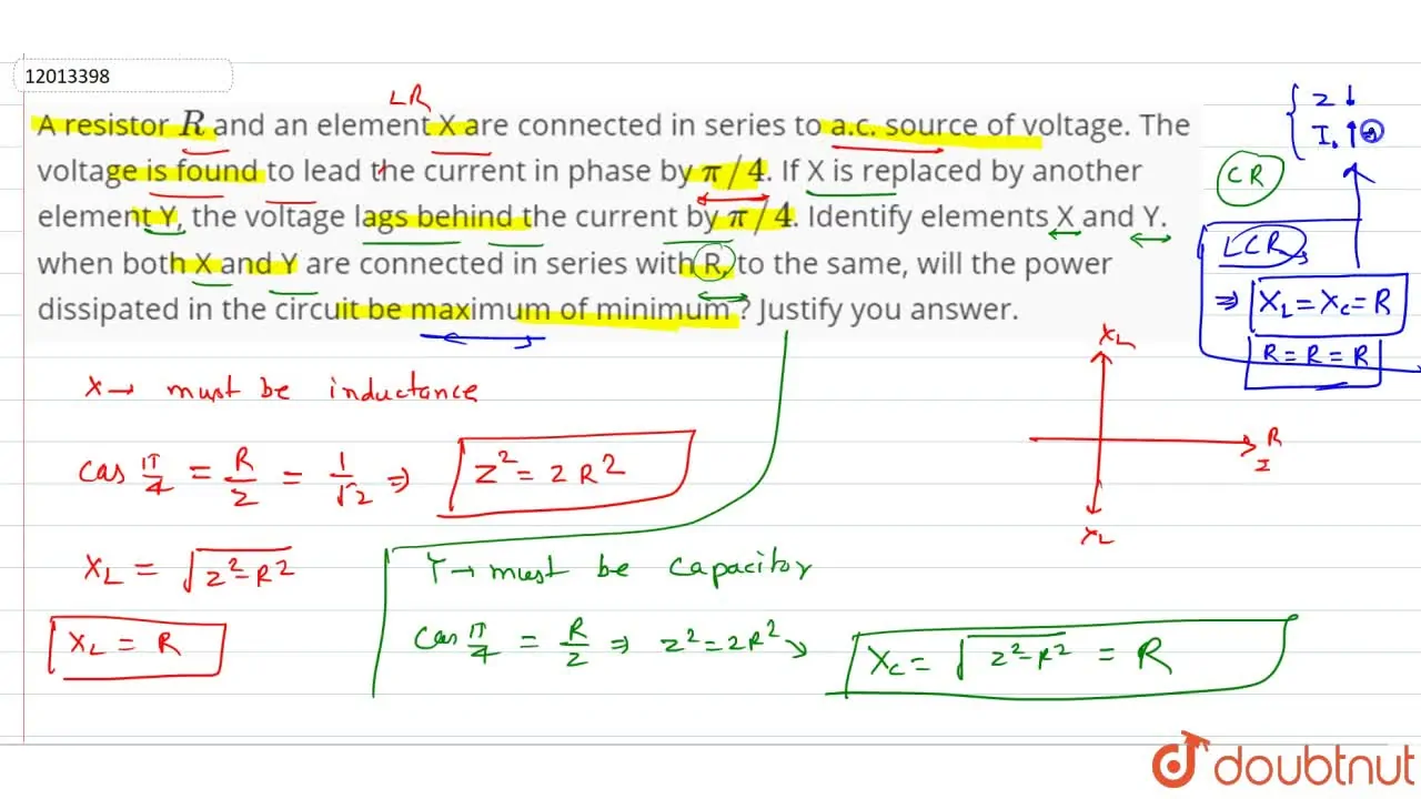 A resistro R and an element X are connected in series to a.c. source o