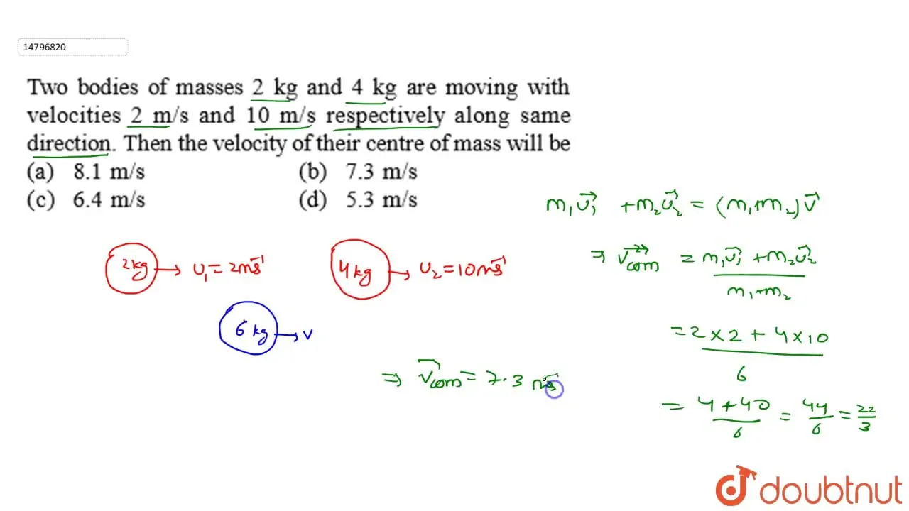 Two bodies of masses 2 kg and 4 kg are moving with velocities 2 m/s an