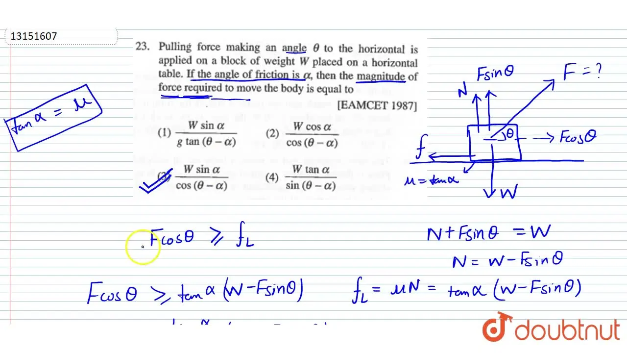 Pulling force making an angle theta to the horizontal is applied on a