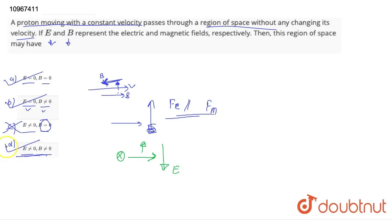 A proton moving with a constant velocity passes through a region of sp
