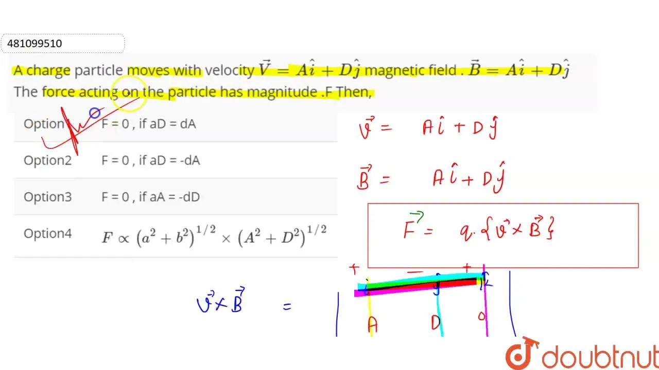 A charge particle moves with velocity vecV=Ahati+Dhatj magnetic field