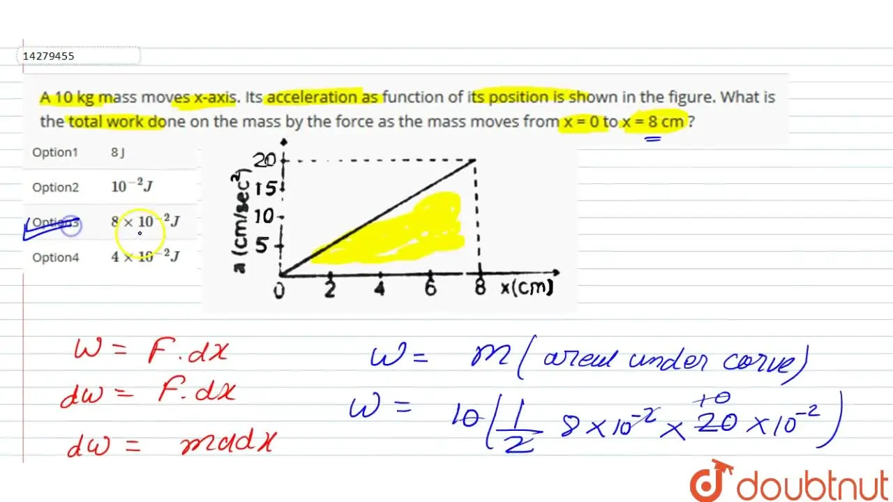 A 10 kg mass moves x-axis. Its acceleration as function of its positio