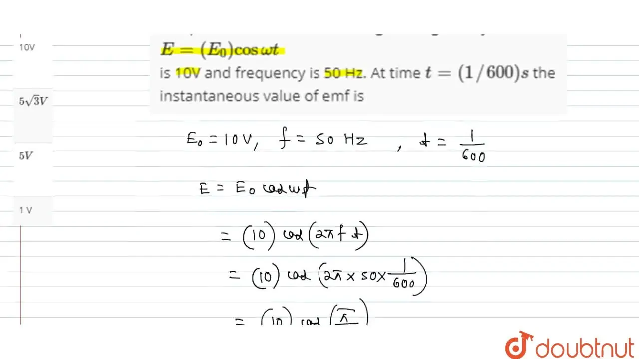 The peak value of an alternating emf E given by E=(E0) cos omega t