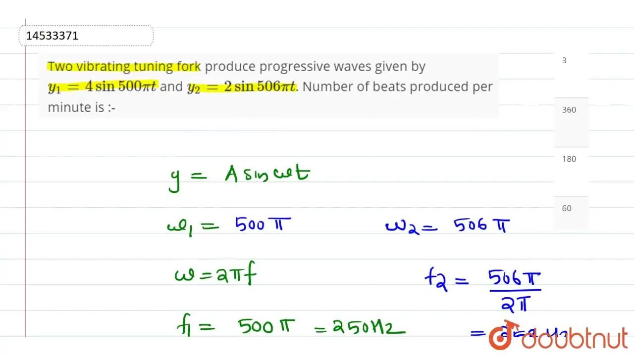 Two vibrating tuning fork produce progressive waves given by y(1) = 4