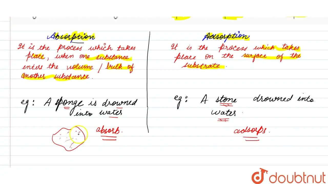Distinguish between the meaning of the terms adsorption and absorption