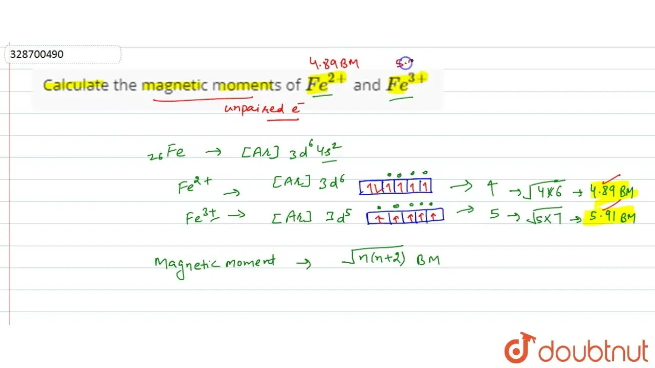 Calculate the magnetic moments of Fe^(2+) and Fe^(3+)