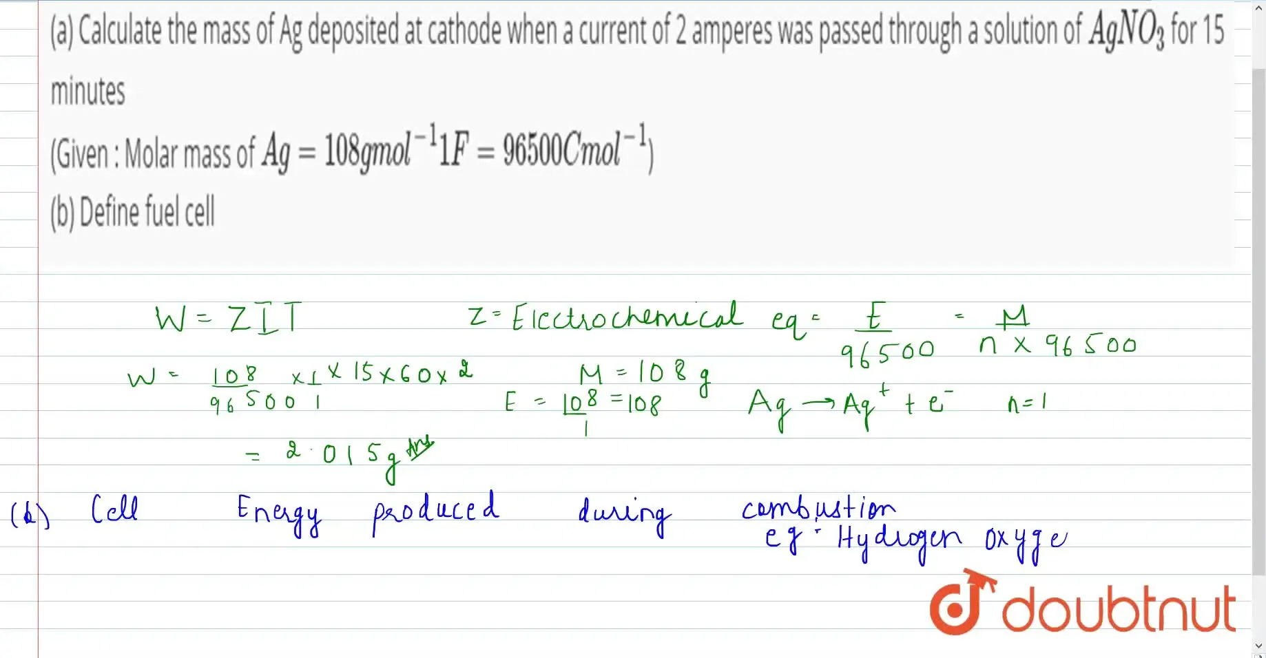 (a) Calculate the mass of Ag deposited at cathode when a current of 2