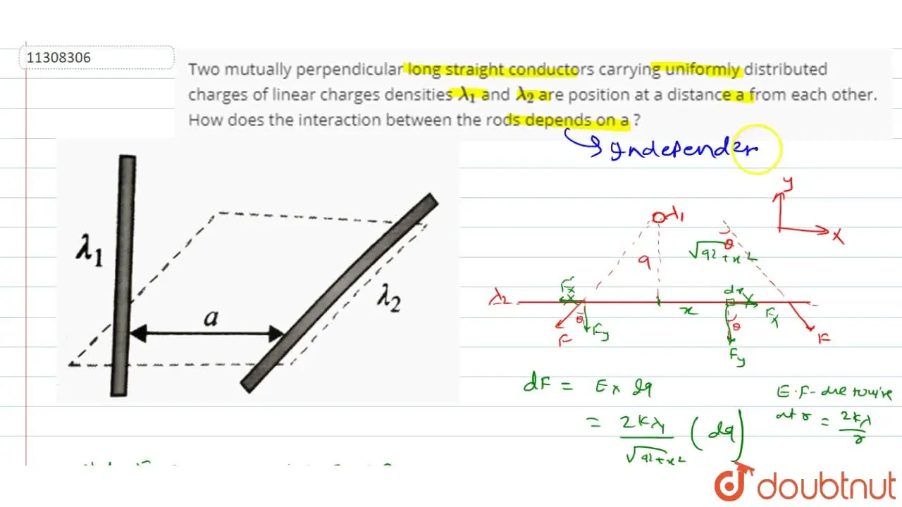 Two mutually perpendicular long straight conductors carrying uniformly