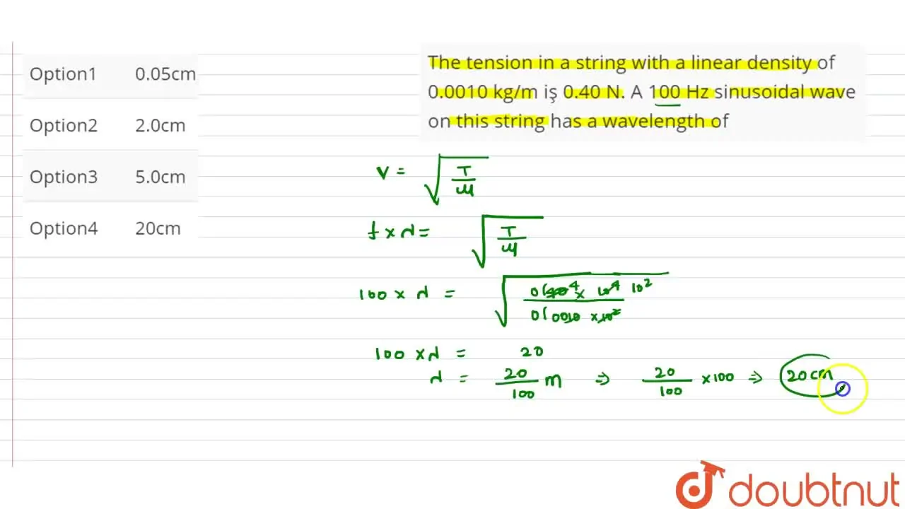 The tension in a string with a linear density of 0.0010 kg/m iş 0.40 N
