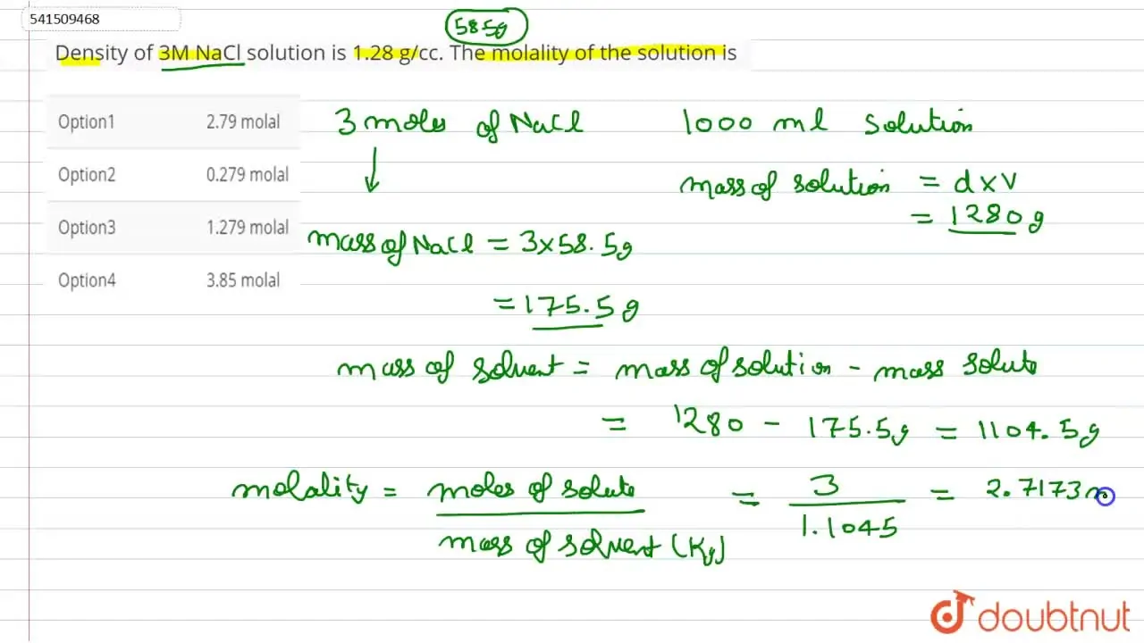Density of 3M NaCl solution is 1.28 g/cc. The molality of the solutio