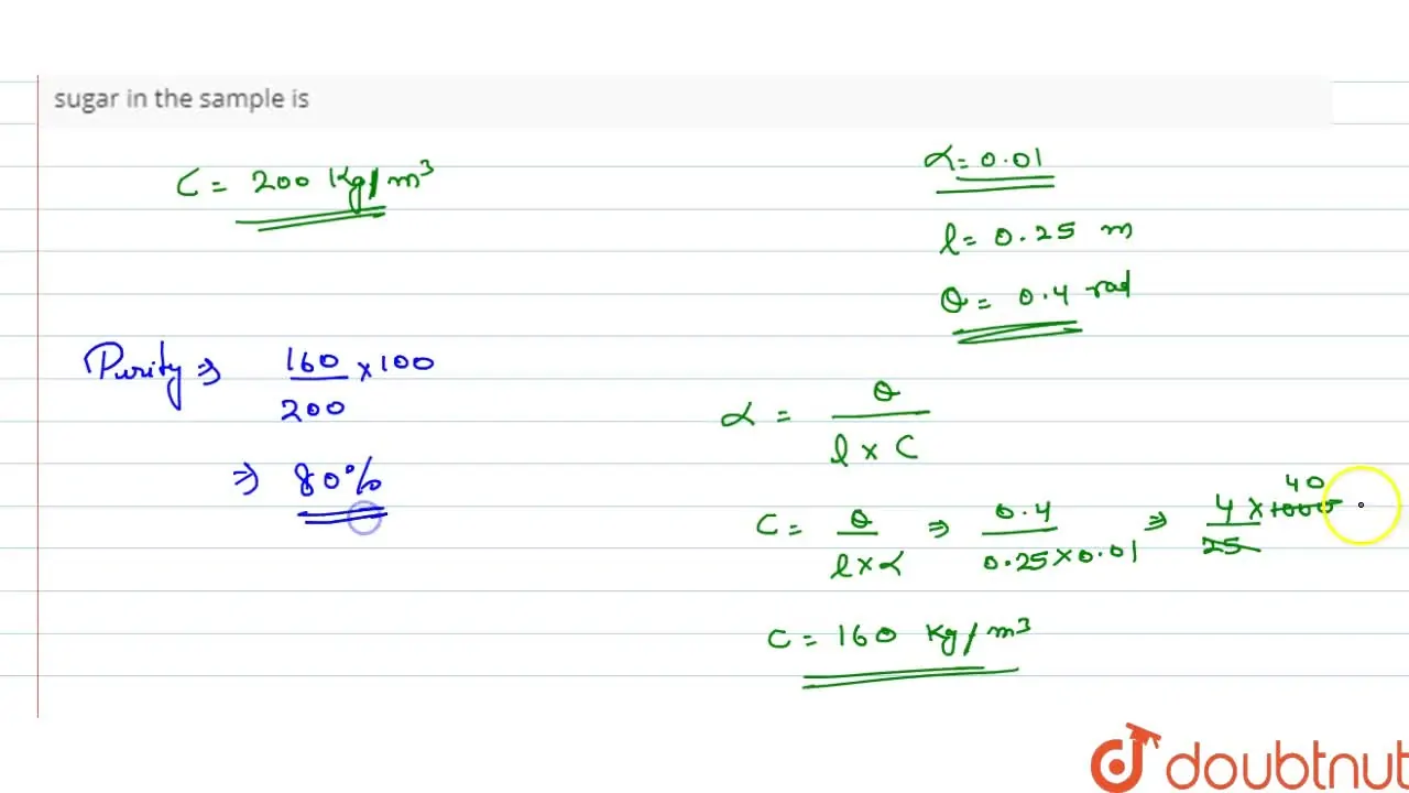Specific rotation of sugar solution is 0.01 SI units. 200 kg-m^(-3) of