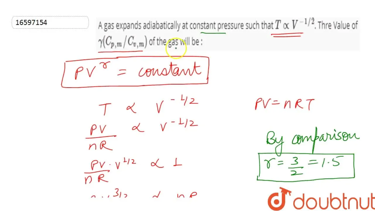 A gas expands adiabatically at constant pressure such that TpropV^(-