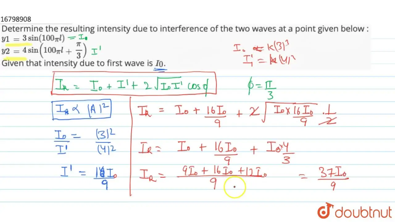 Determine the resulting intensity due to interference of the two waves