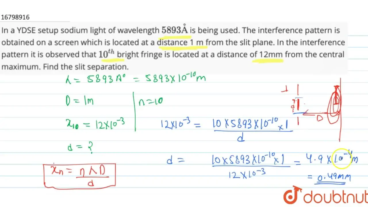 In a YDSE setup sodium light of wavelength 5893 Å is being used. The i