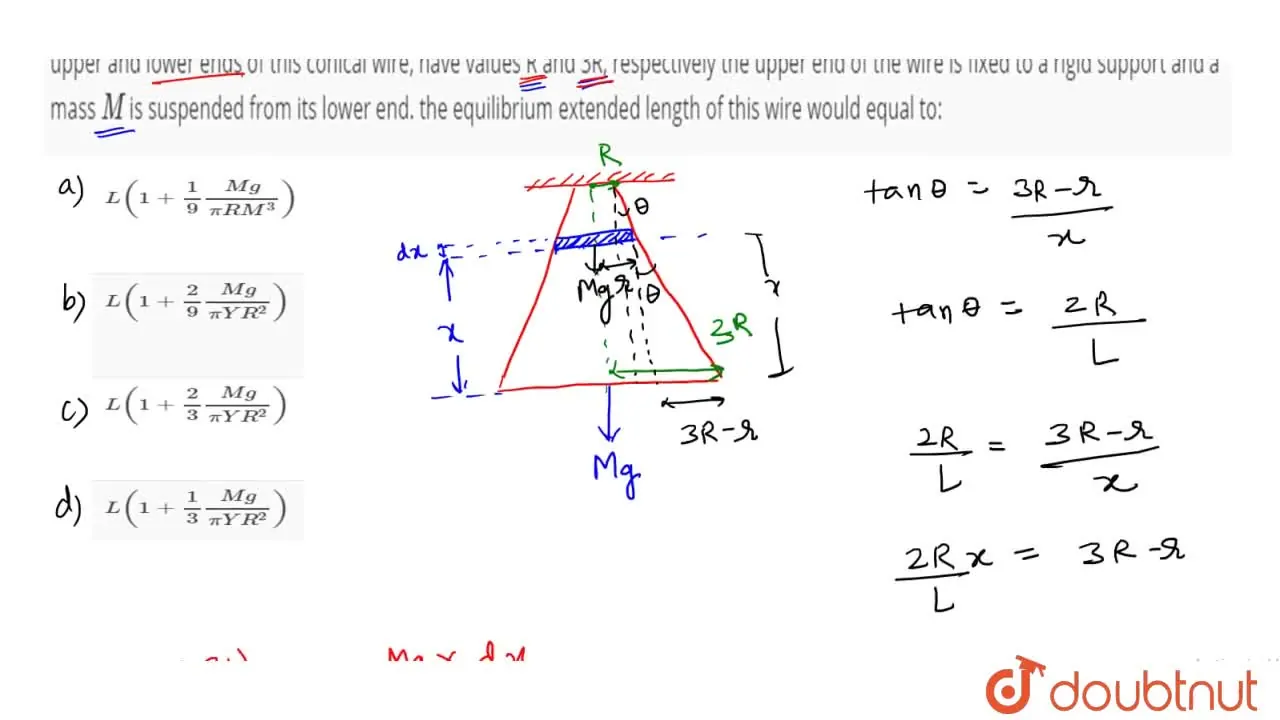 A uniformly tapering conical wire is made from a material of young's m