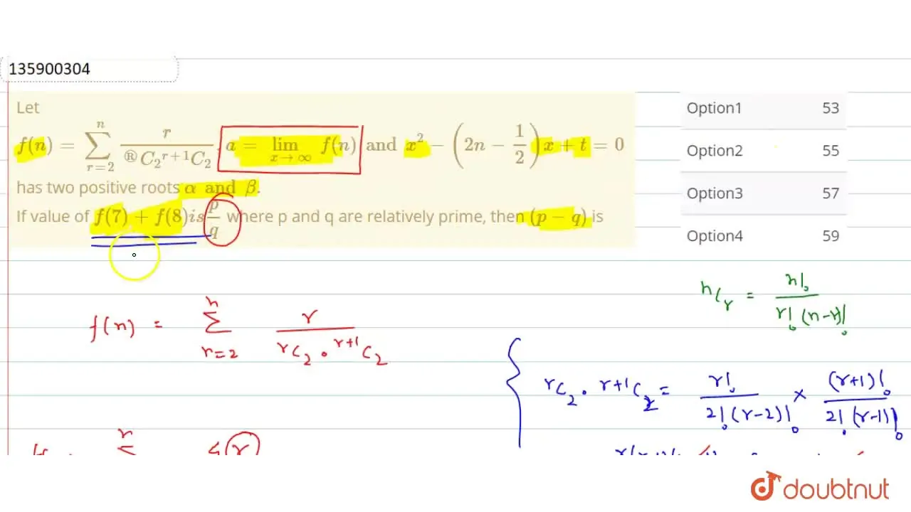 Let f (n) = sum (r =2)^(n) (r )/(""^® C(2) ""^(r+1) C(2)) , a = lim (x