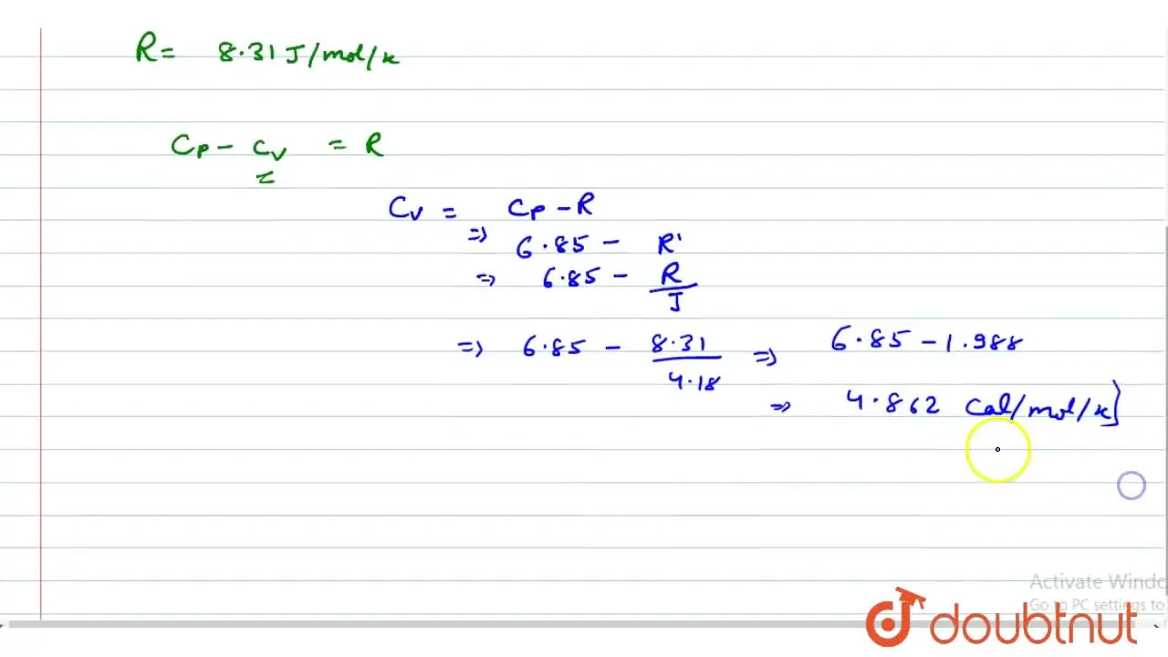 Calculate the specific heat capacity at constant volume for a gas. Giv