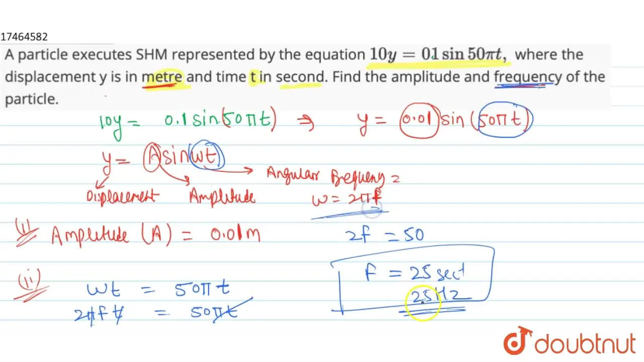 A particle executes SHM represented by the equation 10y=01sin50pit, wh