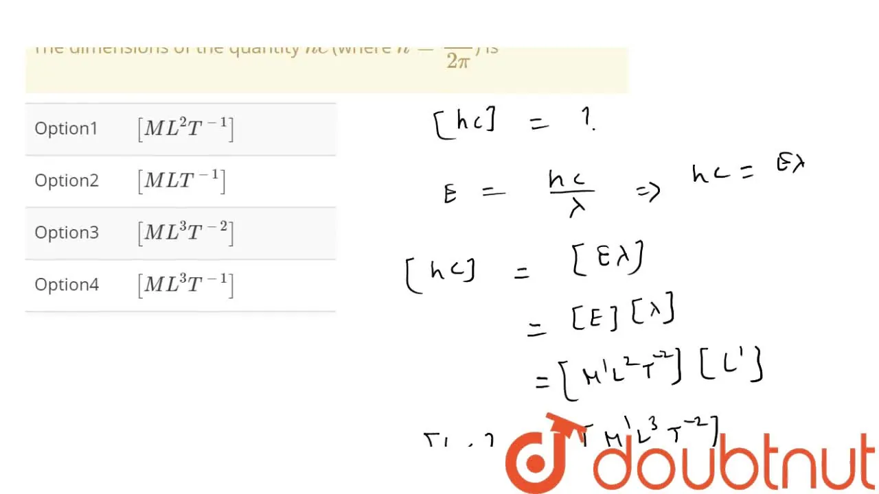 The dimensions of the quantity hc (where h=h/(2pi)) is
