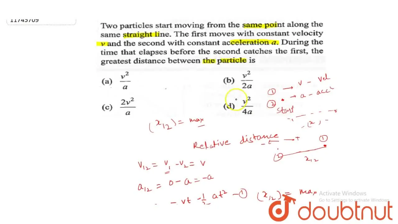 Two particles start moving from the same point along the same straight