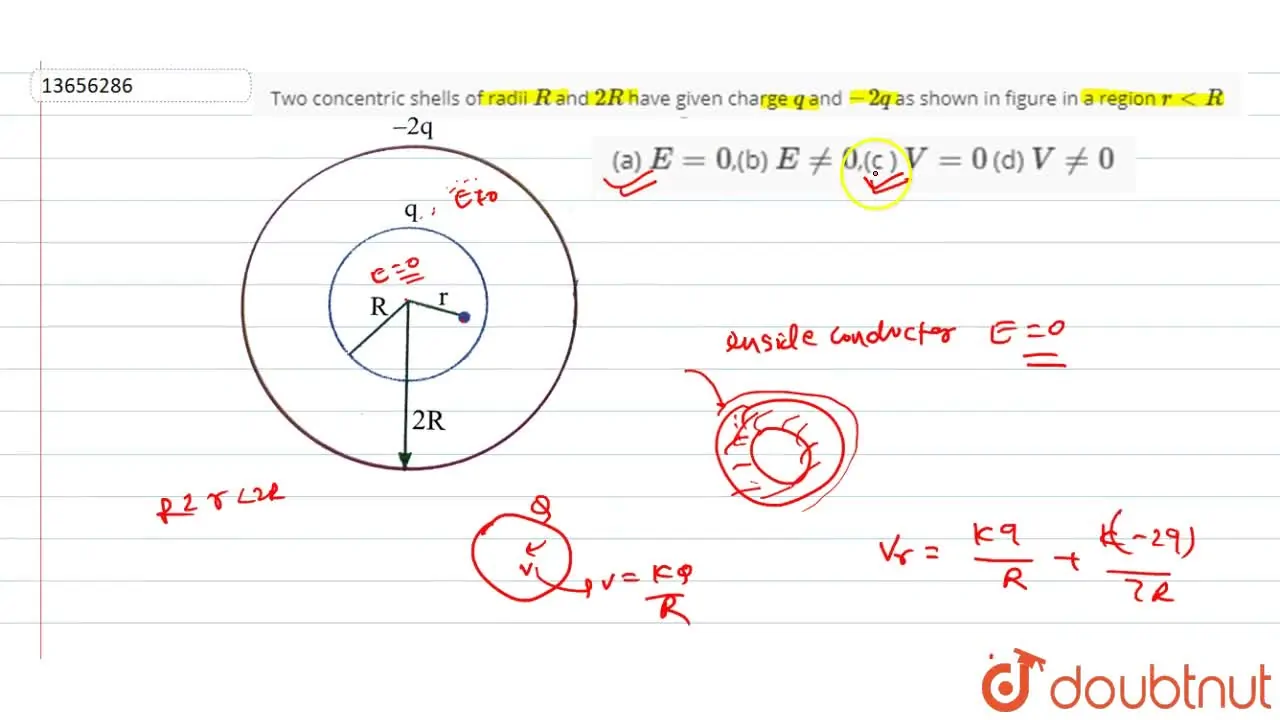 Two concentric shells of radii R and 2R have given charge q and -2q as