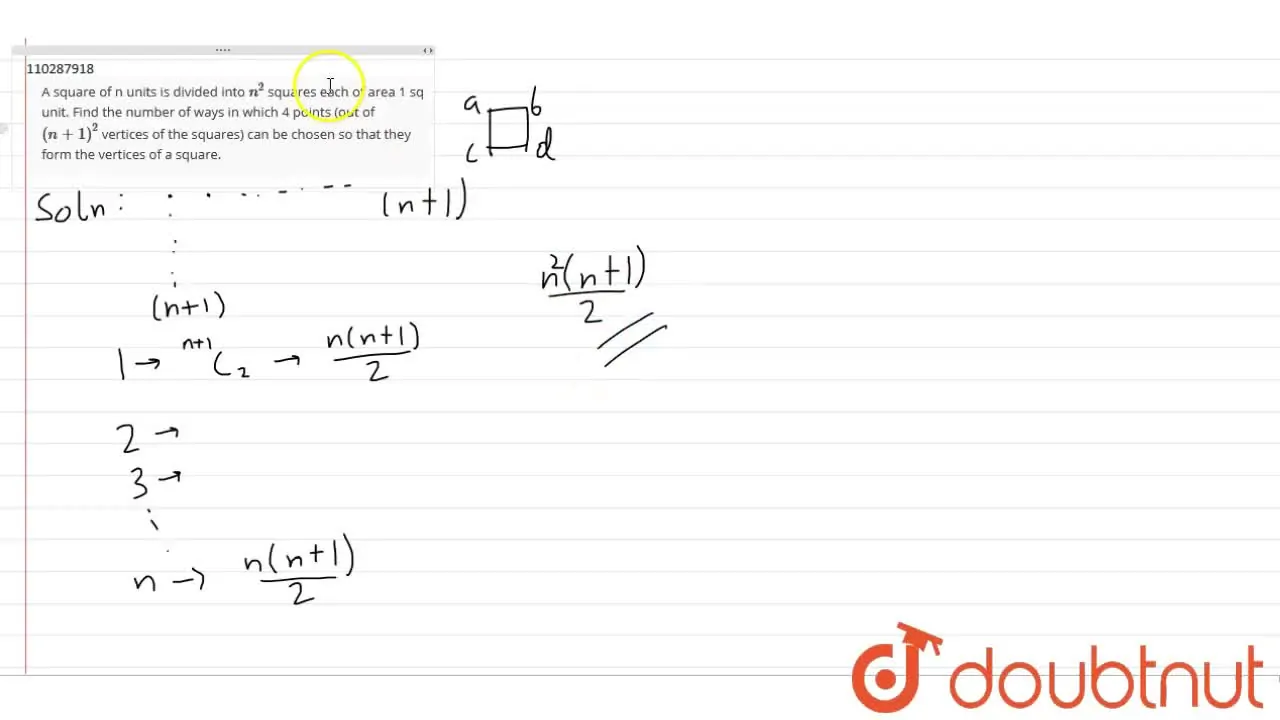 A square of n units is divided into n^(2) squares each of area 1 sq un