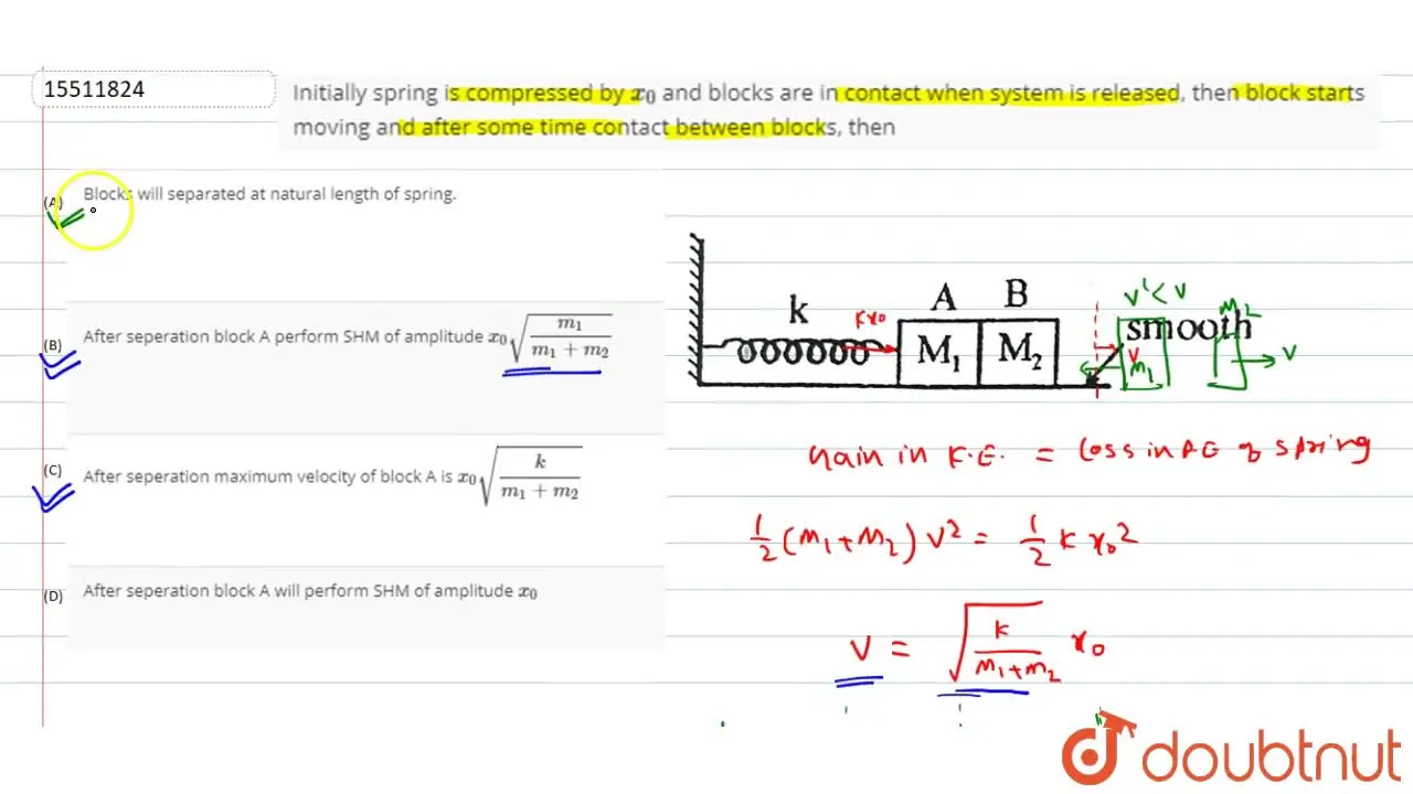 After separation maximum velocity of block A is x(0)sqrt(k/(m(1)+m(2))