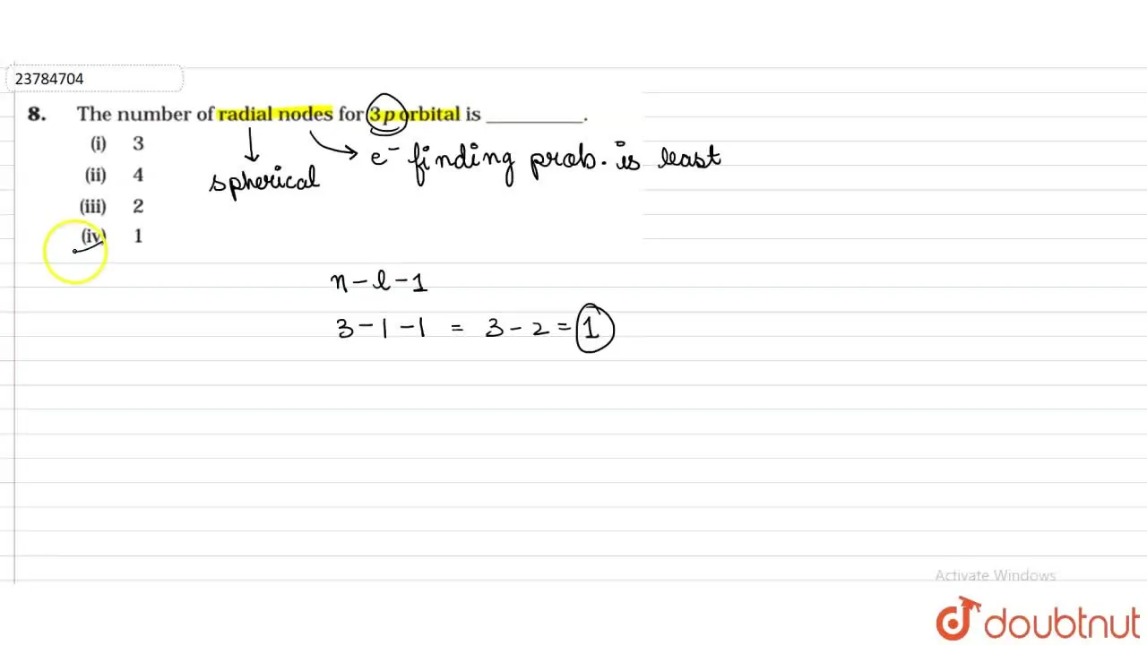 The number of radial nodes for 3p orbital is......