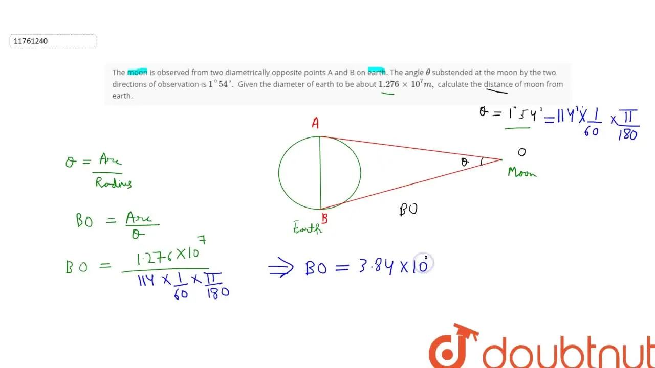 The moon is observed from two diametrically opposite points A and B on