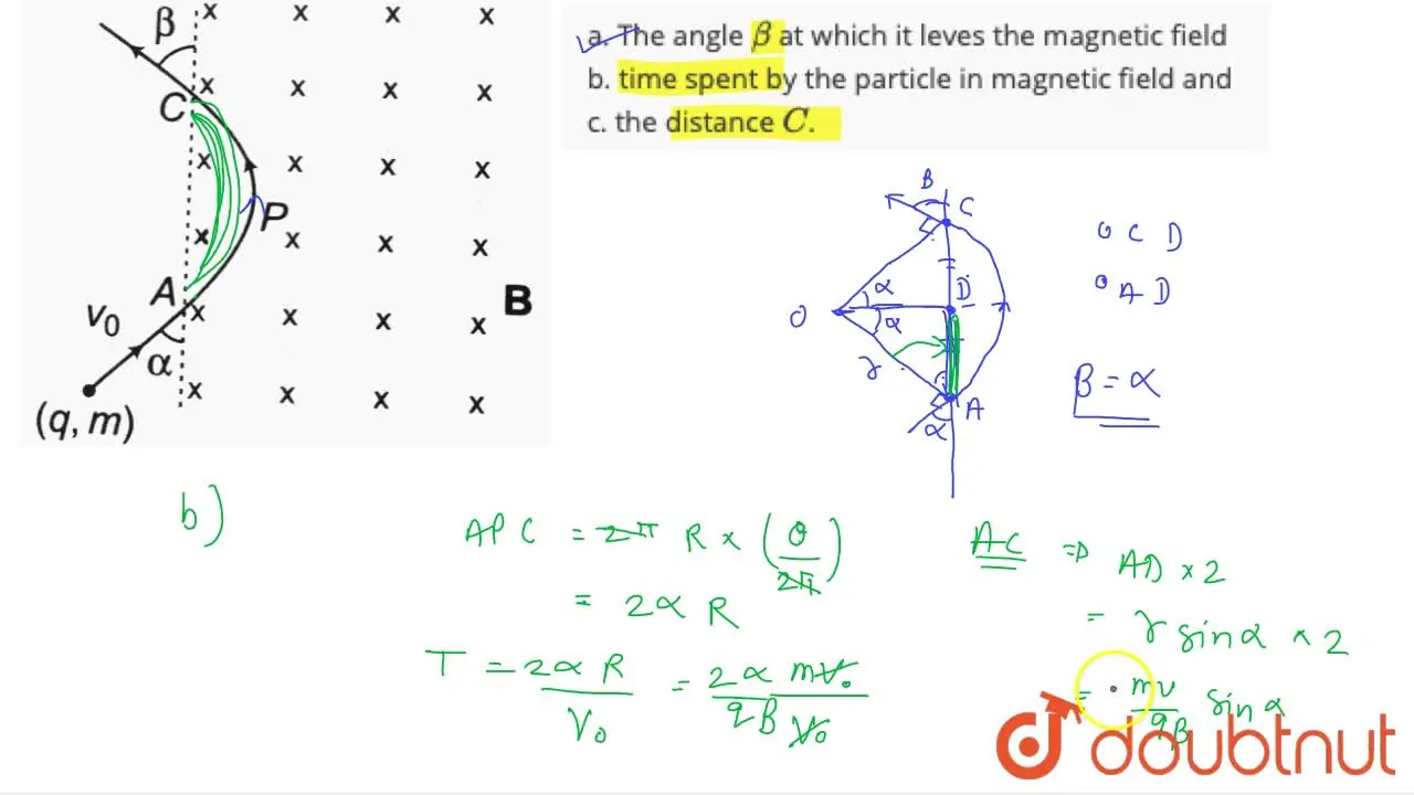A charged particle (q,m) enters uniform magnetic field B at angle alp